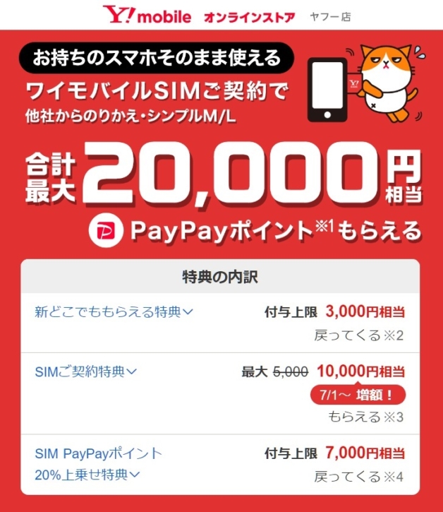 Y!mobile SIM単体契約で最大20,000円相当還元！7月1日開始 | KEN